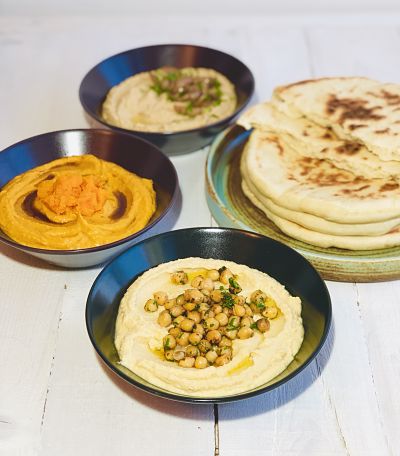 Trio de Hummus: clasic, cu dovleac și cu măsline - Chef Nicolaie Tomescu